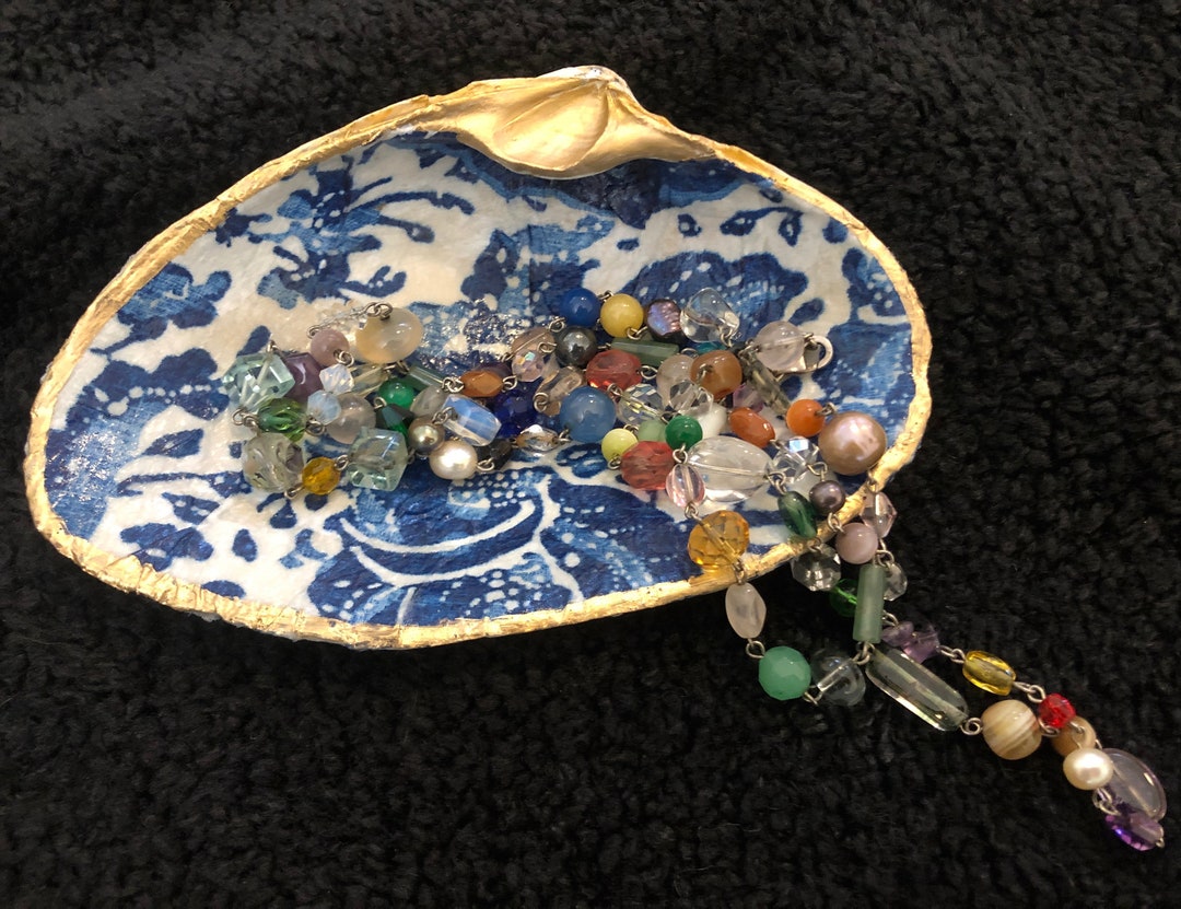 Indigo Decoupage Shell Jewelry Holder: Hand-painted Gold Accent - Etsy