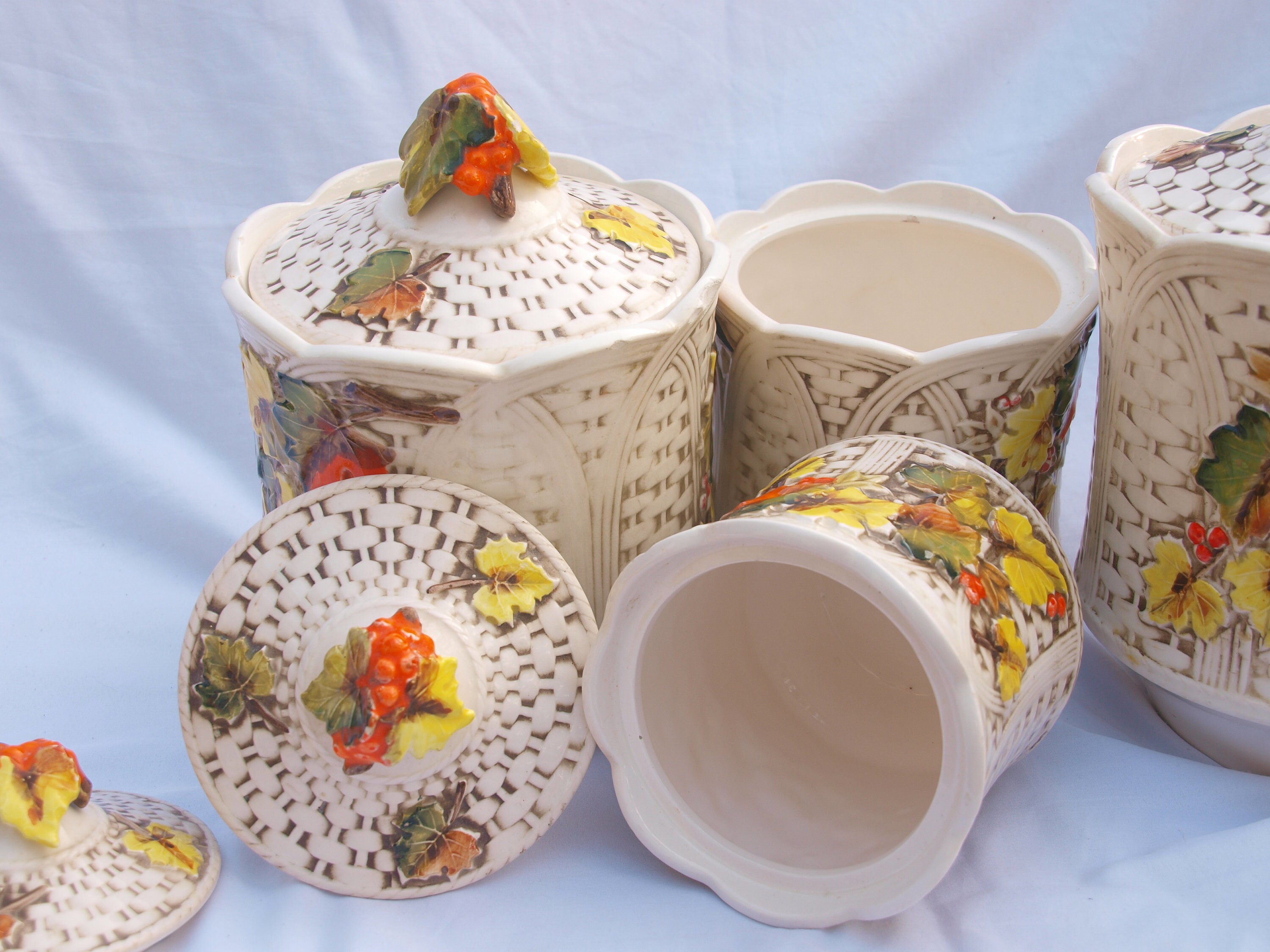 Vintage Lefton Canister Set With Fall Leaves / Basketweave Pattern With ...