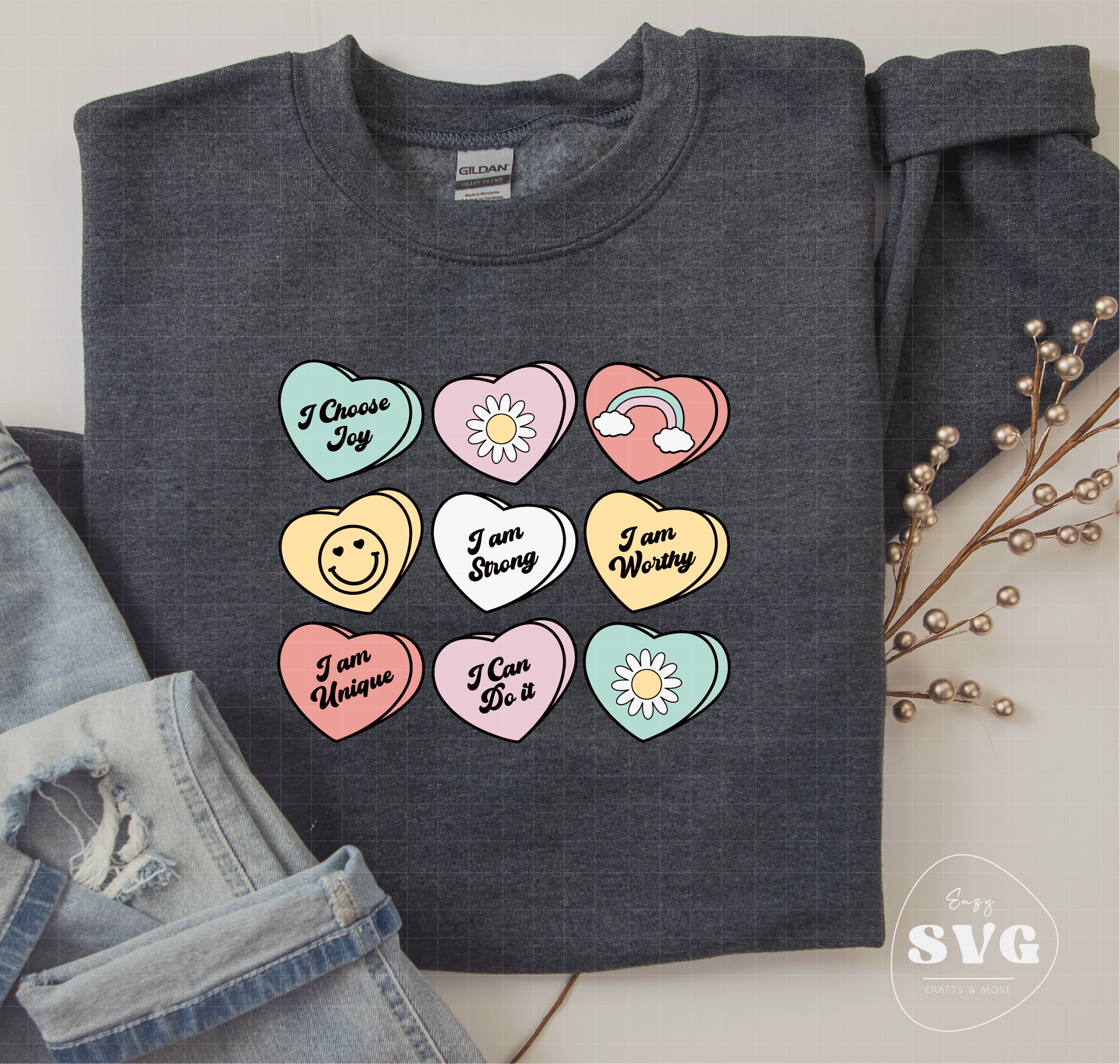 Positive Affirmations SVG, Smiley Candy Hearts Svg, Retro Valentines ...