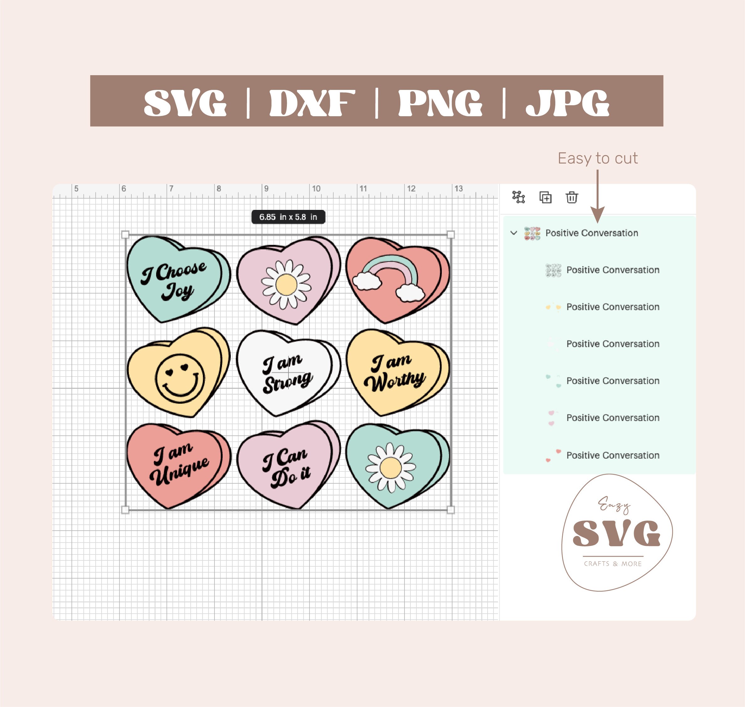 Positive Affirmations SVG, Smiley Candy Hearts Svg, Retro Valentines ...