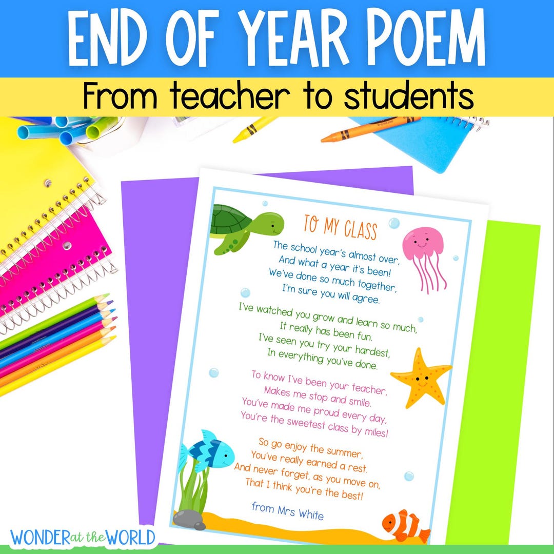 End of School Year Poem Letter From Teacher to Students Pupils Class ...