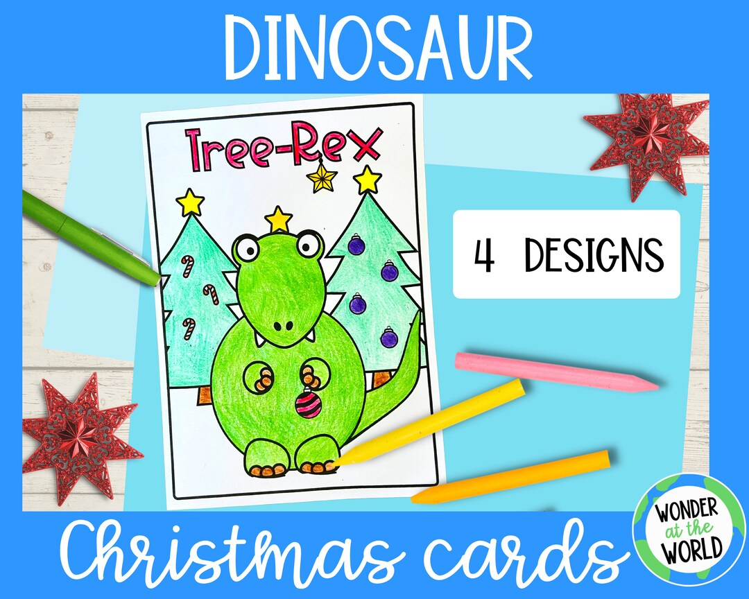 Dinosaur Christmas Cards for Kids to Print and Color | A4 and 11x8.5 ...