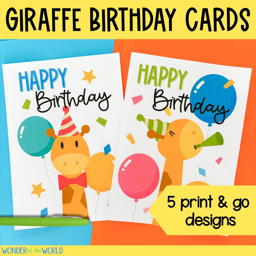 Giraffe Animal Printable Happy Birthday Greeting Cards for Kids Digital ...