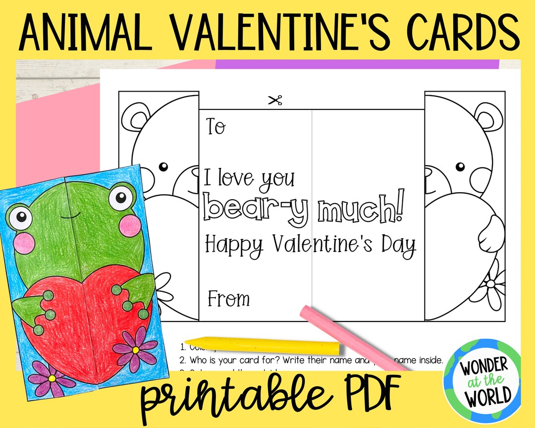 Animal Themed Valentine's Day Card to Print and Color | A4 and 11x8.5 ...