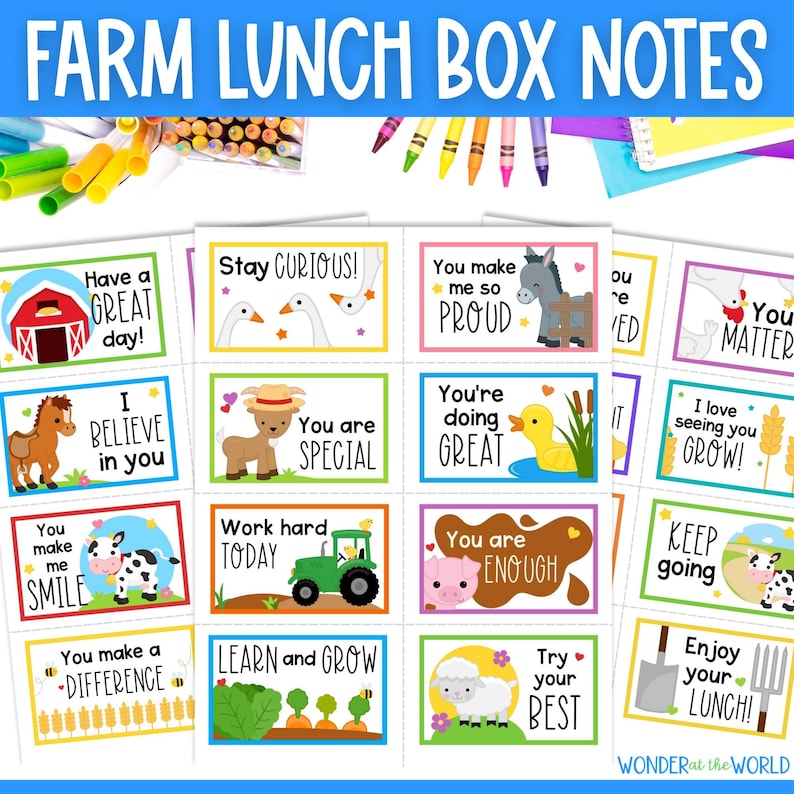 24 Printable Farm Barn Yard Animal Theme Lunch Box Notes for Kids ...