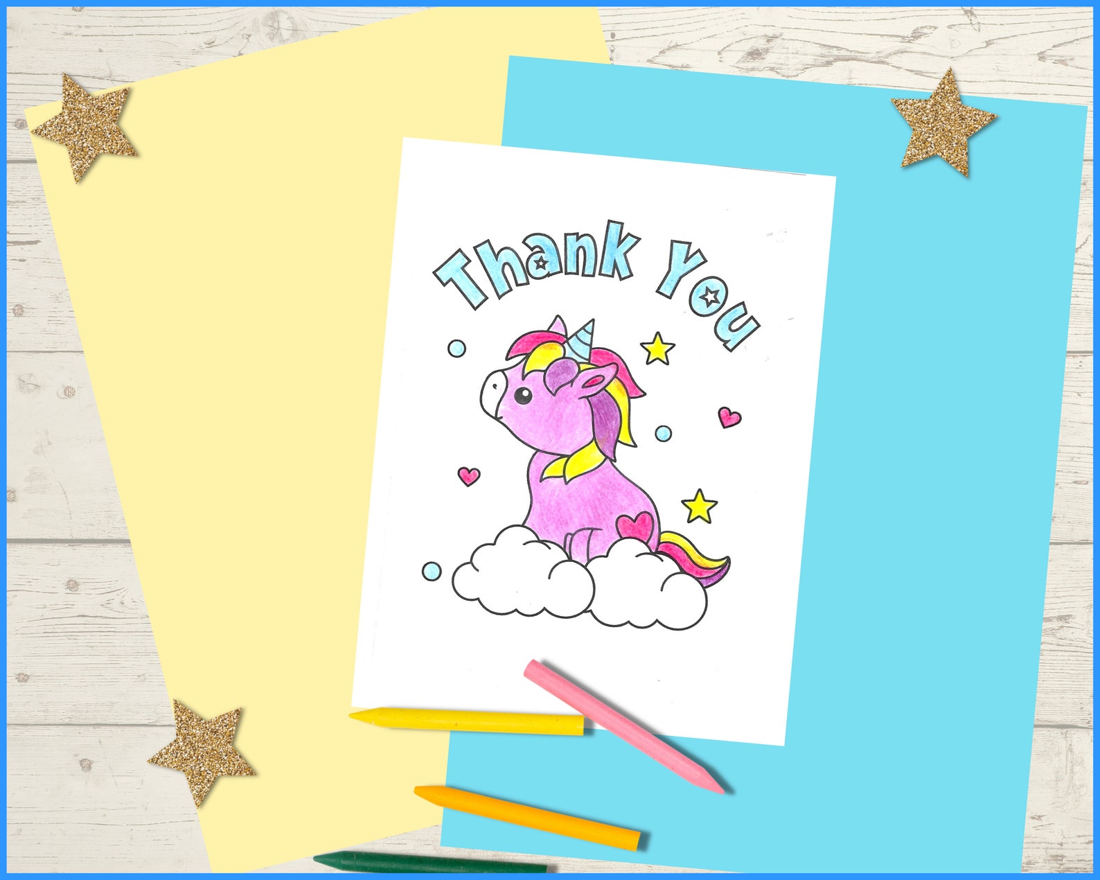Unicorn Printable Kids Thank You Cards to Color Digital Download 2 ...