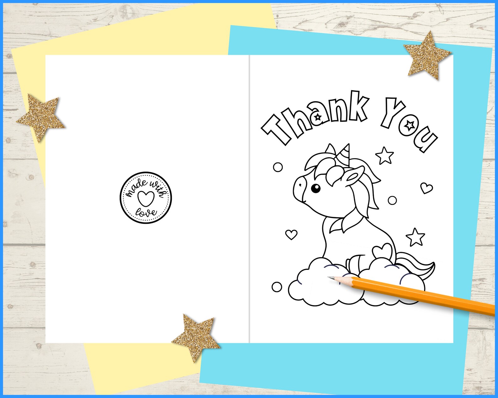Unicorn Printable Kids Thank You Cards to Color Digital Download 2 ...