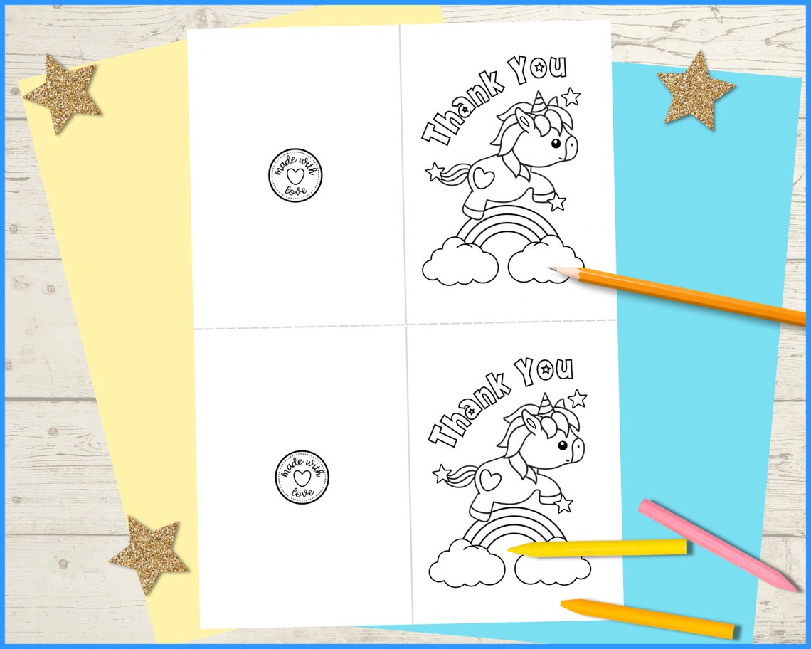 Unicorn Printable Kids Thank You Cards to Color Digital Download 2 ...