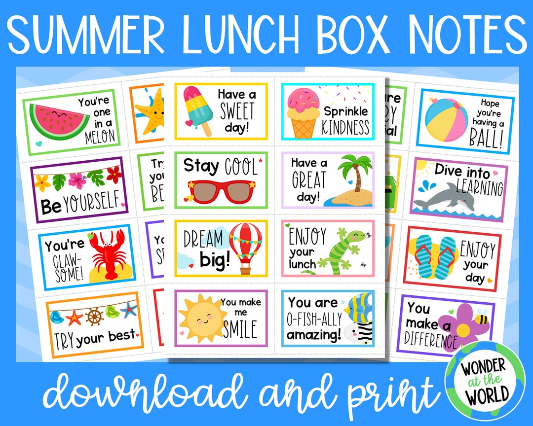 24 Printable Summer Lunch Box Notes for Kids | Printable Digital ...