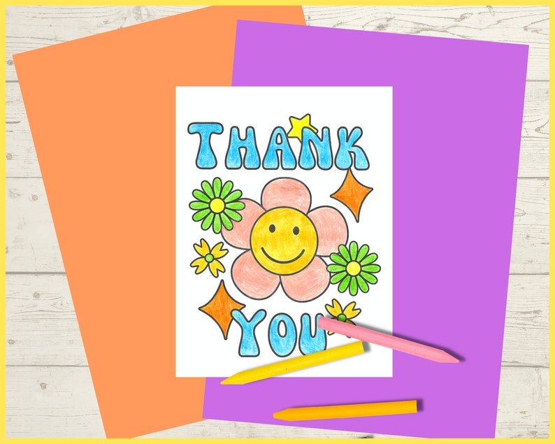 Retro Flower Hippie Kids Printable Thank You Cards to Color | Digital ...