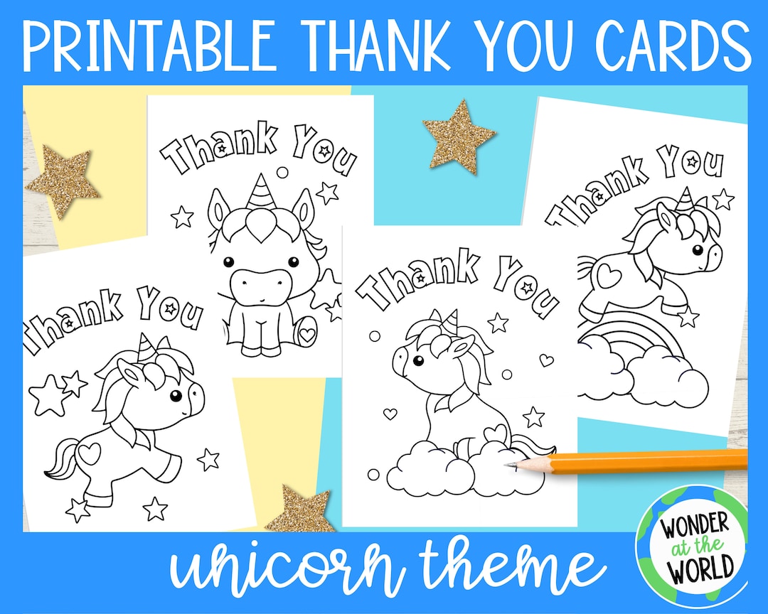Unicorn Printable Kids Thank You Cards to Color | Digital Download | 2 ...