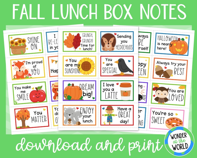 24 Printable Fall Autumn Lunch Box Notes for Kids Printable Digital ...