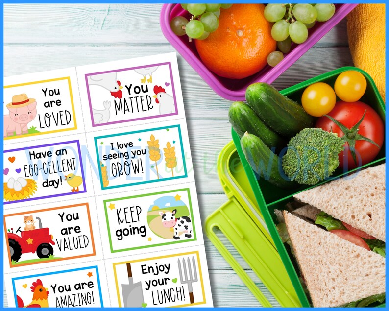 24 Printable Farm Barn Yard Animal Theme Lunch Box Notes for Kids ...