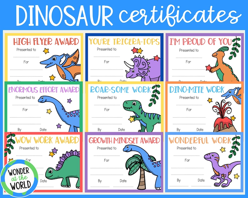 10 Dinosaur Classroom Reward Certificates for Kids Digital Download A4 ...