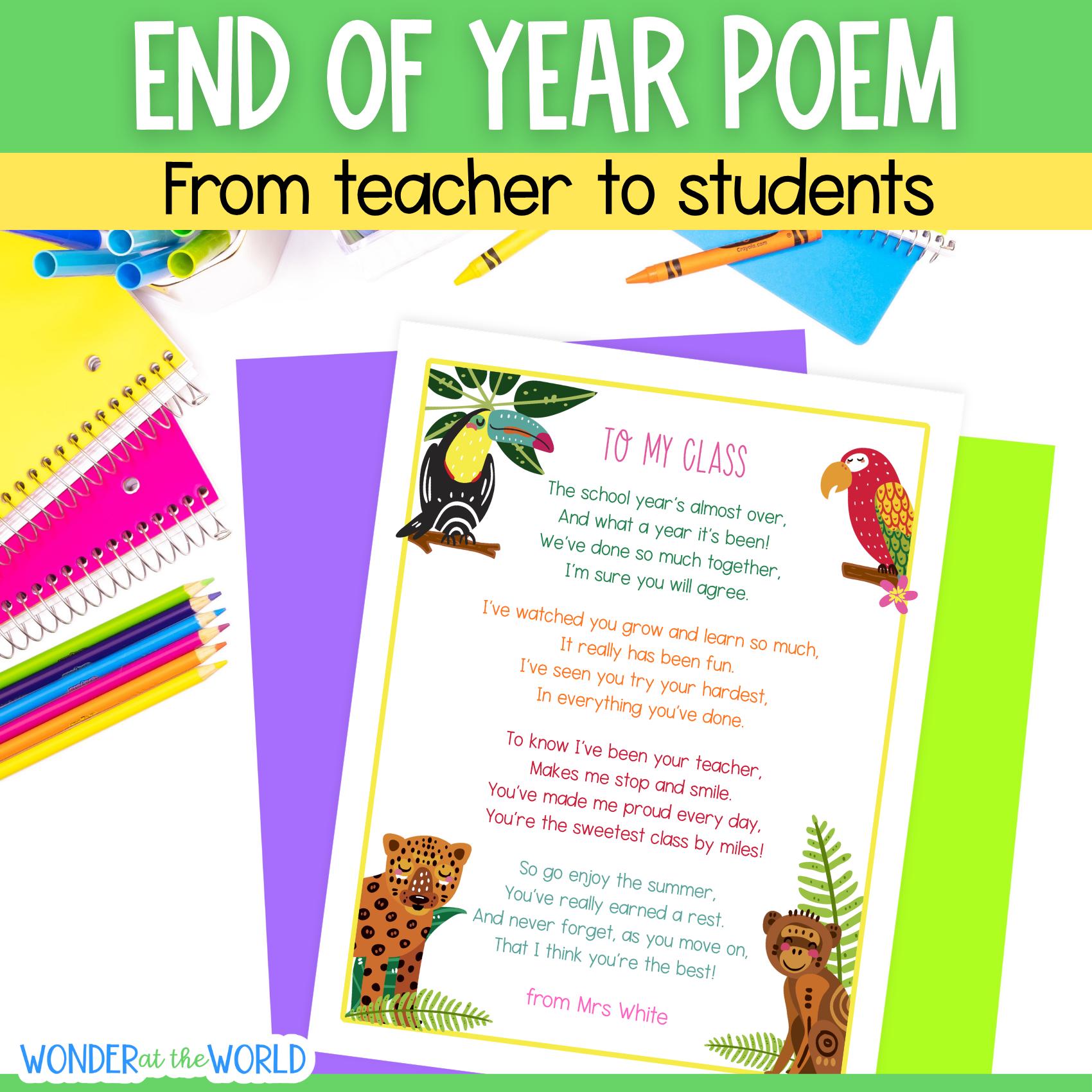 End of School Year Poem Letter From Teacher to Students Pupils Class ...