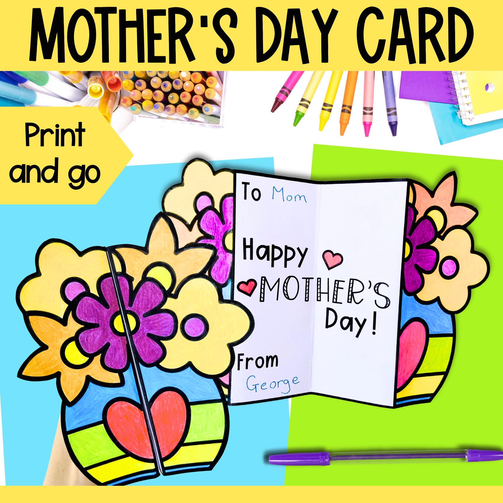 Printable Mother's Day Flowers Card PDF to Color | A4 and 11x8.5 Inch ...