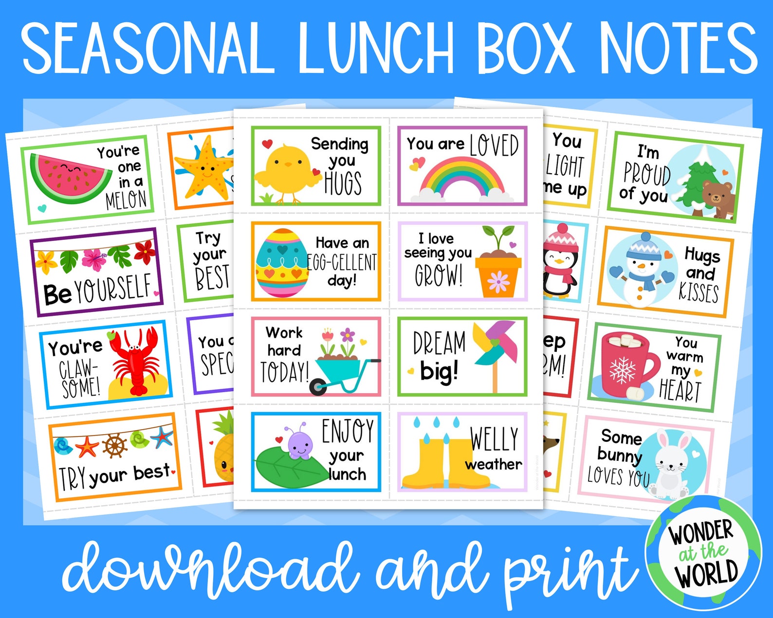 96 Printable Lunch Box Notes for Spring, Summer, Fall Autumn, Winter ...