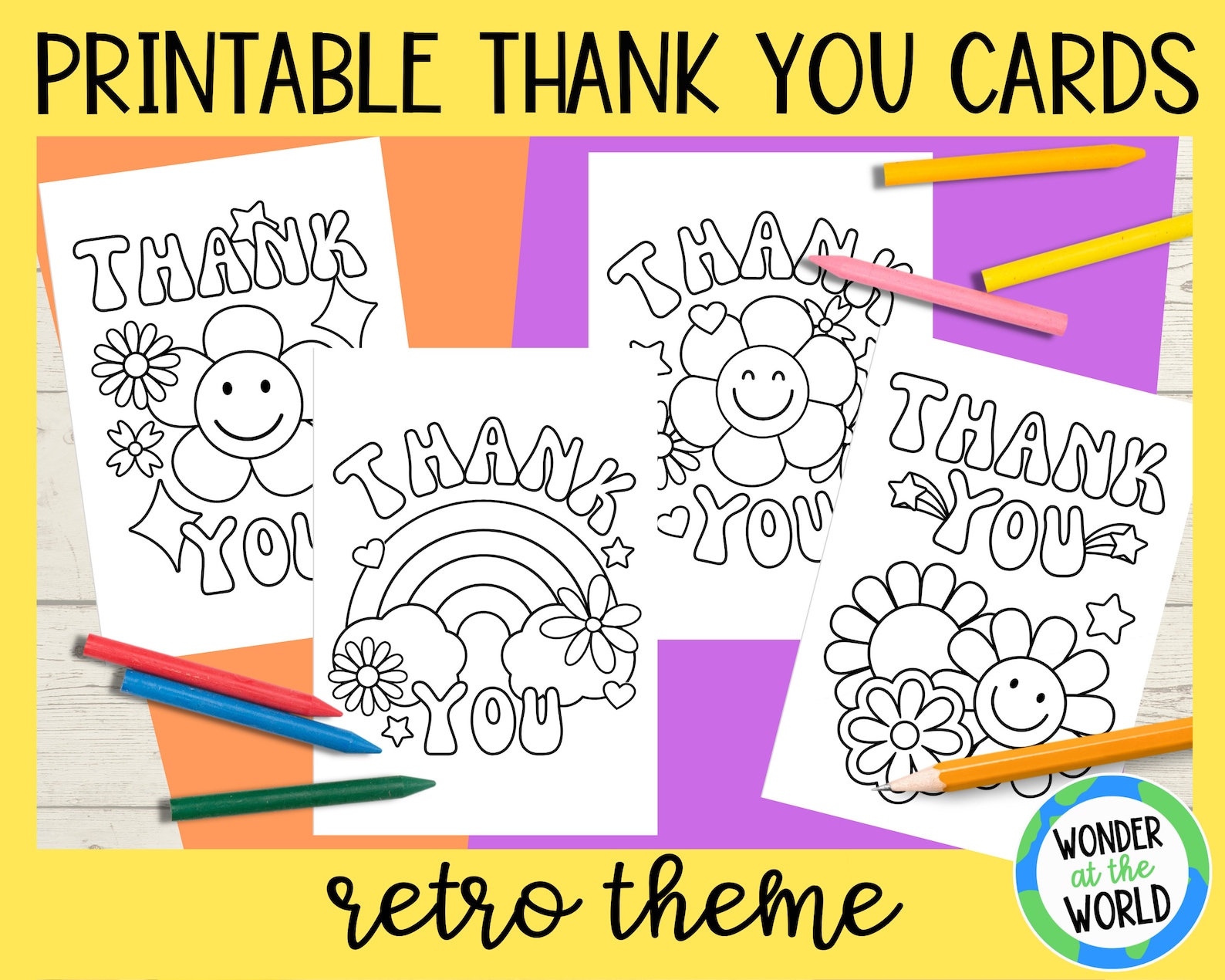 Retro Flower Hippie Kids Printable Thank You Cards to Color | Digital ...