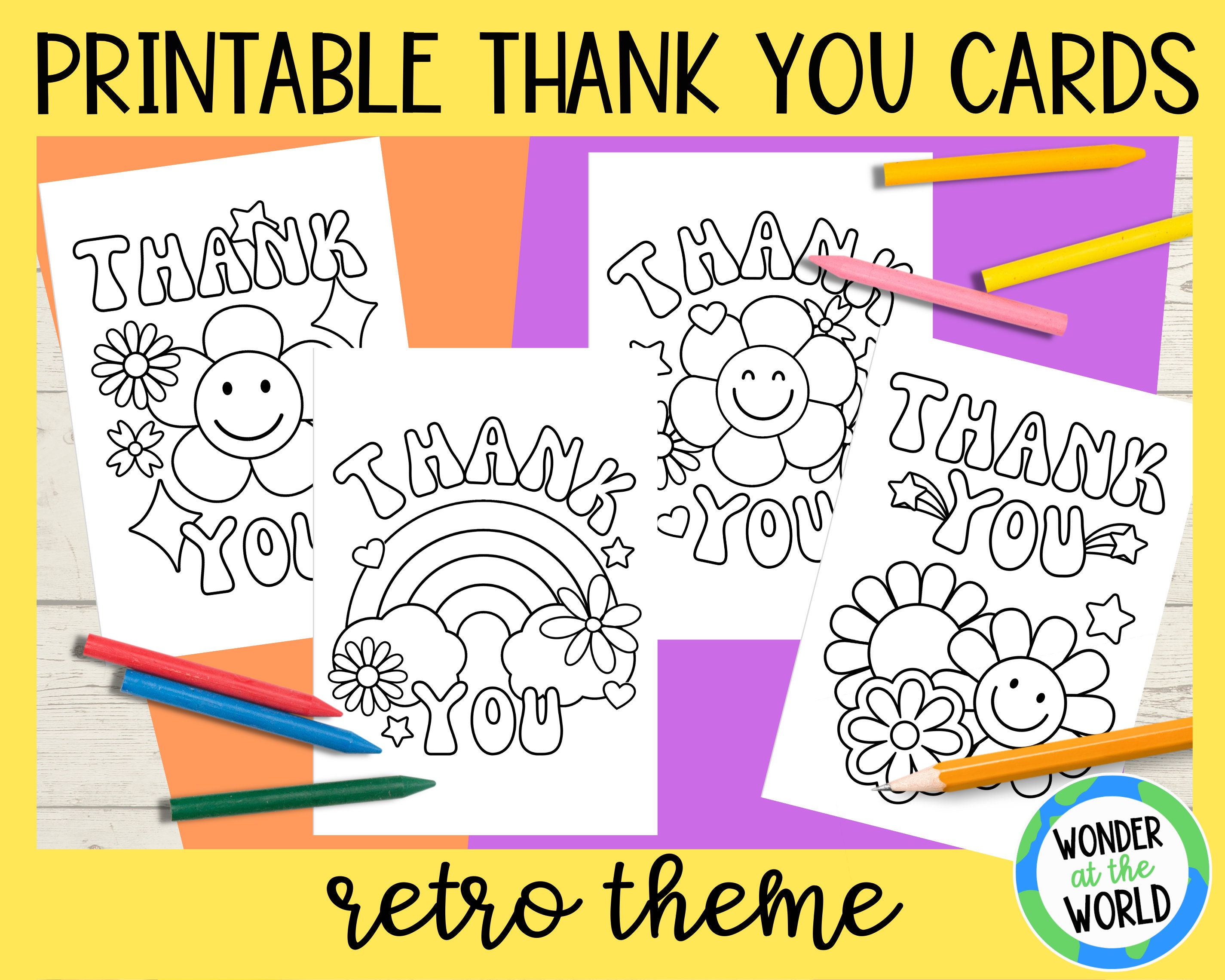 Retro Flower Hippie Kids Printable Thank You Cards to Color | Digital ...