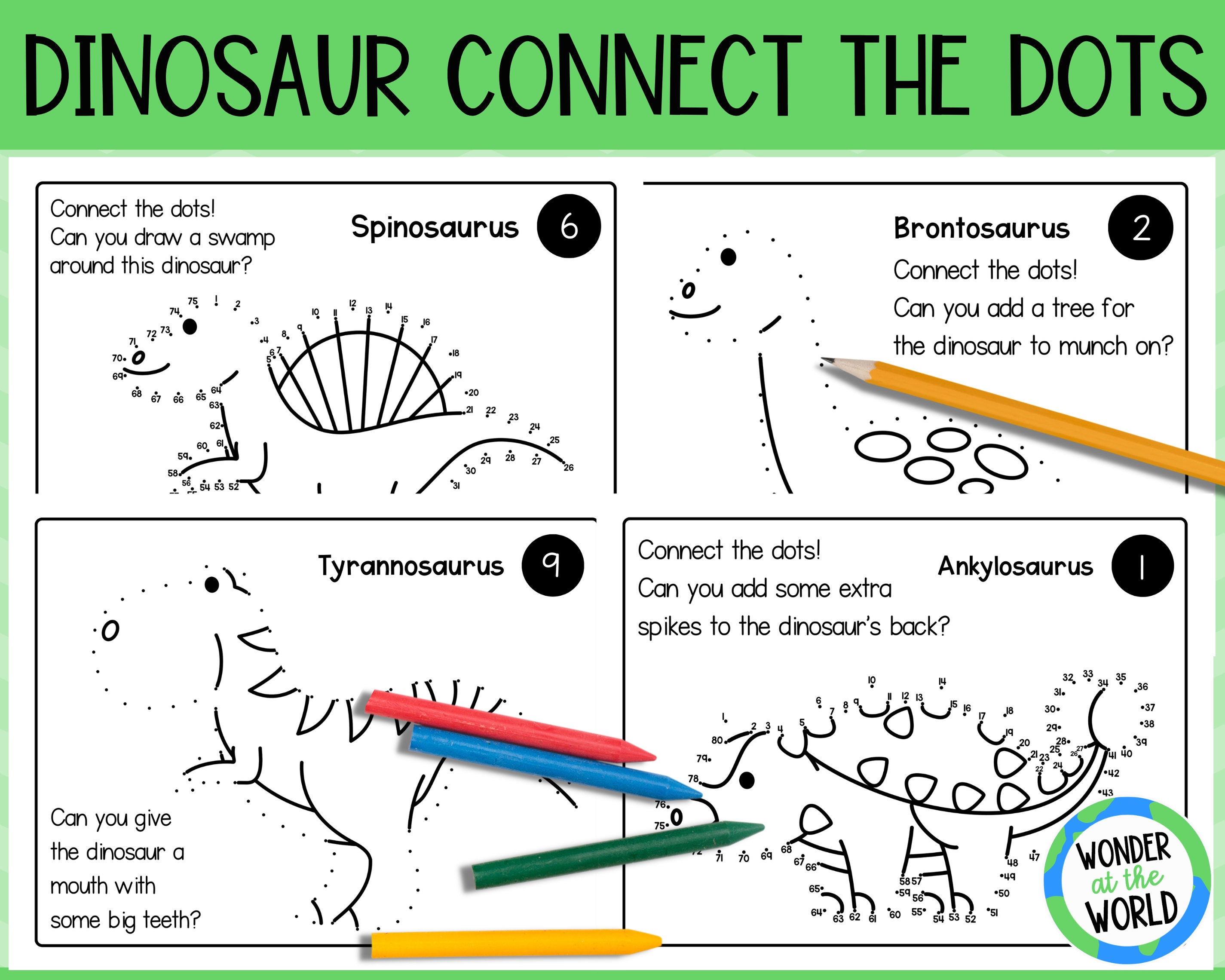 Dinosaur Connect the Dots Printable Activity Sheets for Kids, Dot to ...