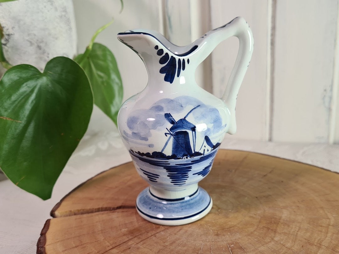 Delft Blue Pitcher Hand Painted White Blue Ceramic Holland Handle Vase ...