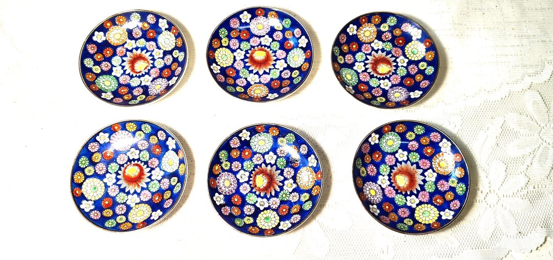 Set of 6 Nippon Tokusei Porcelain Cloisonne Bowls Multicoloured Floral ...