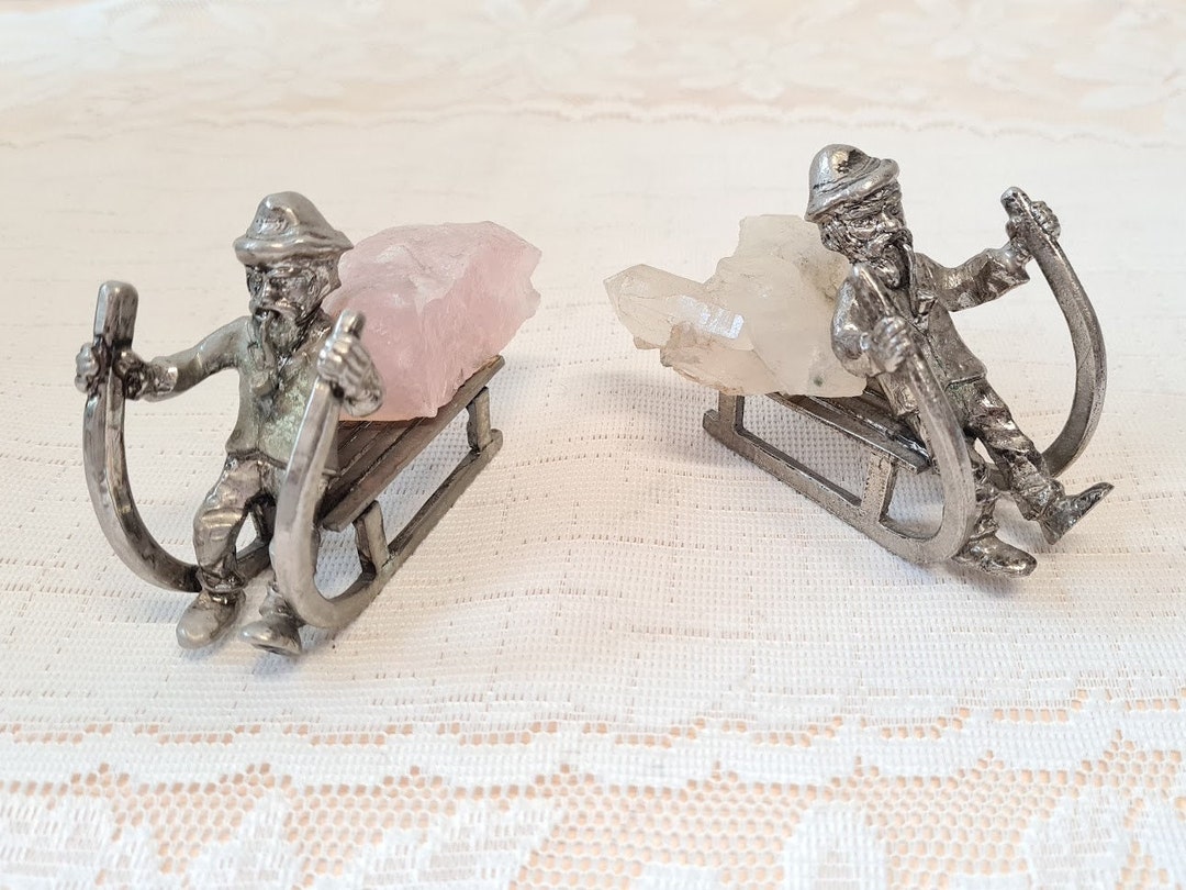 Tin Figure Miner on Sledge With Gemstone Natural Stone Quartz Rose ...