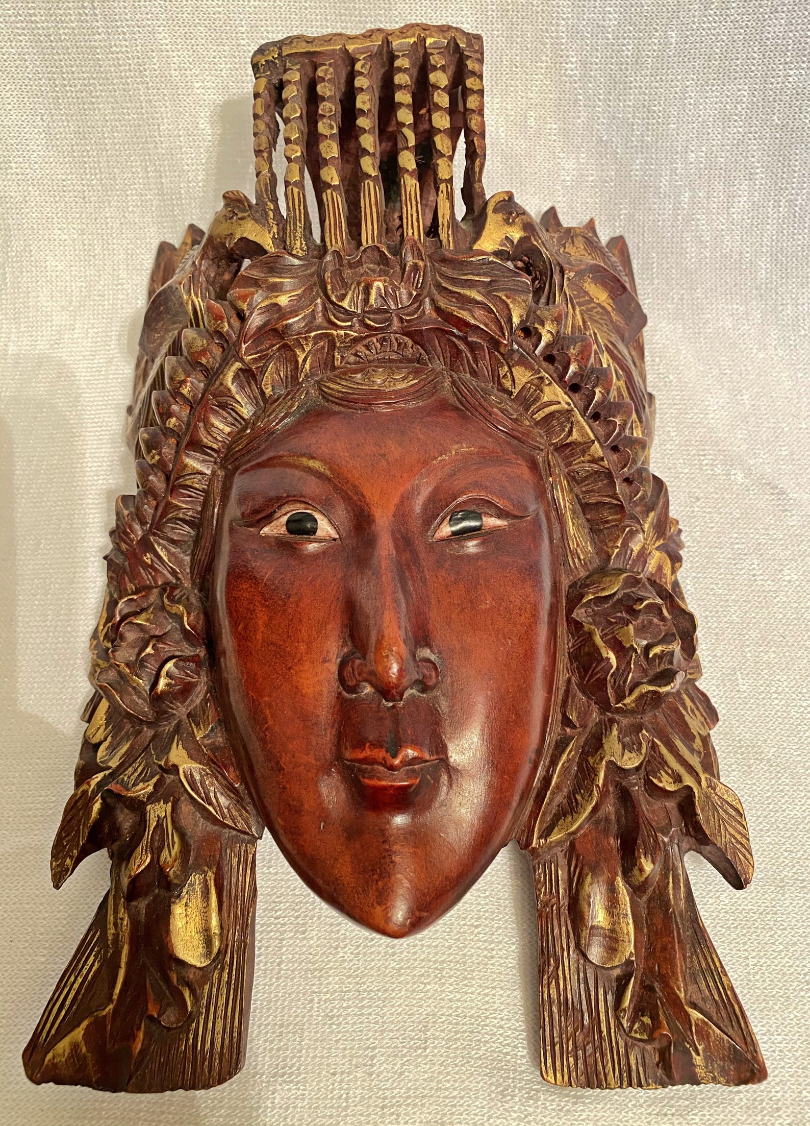Vintage Rosewood Wooden Asian Priestess Mask Wall Art With Bone Shell ...