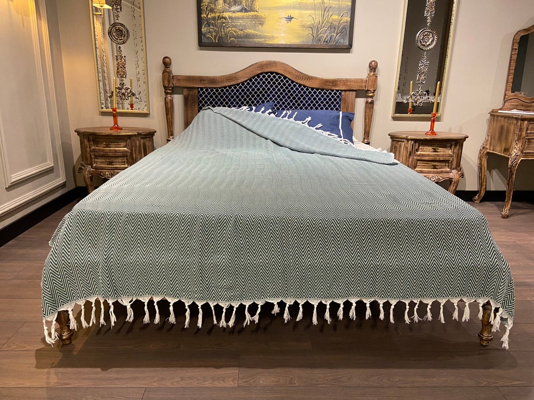 Green Turkish Cotton Bedspread, Organic Blanket, 79x87 - Etsy