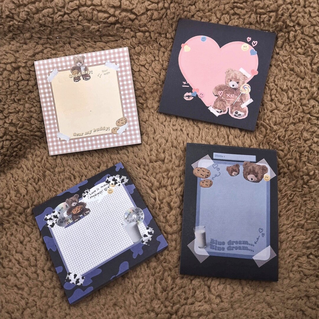 Bear Memo Notes, 50x Retro Teddy Heart Reminder Sheets, Korean ...