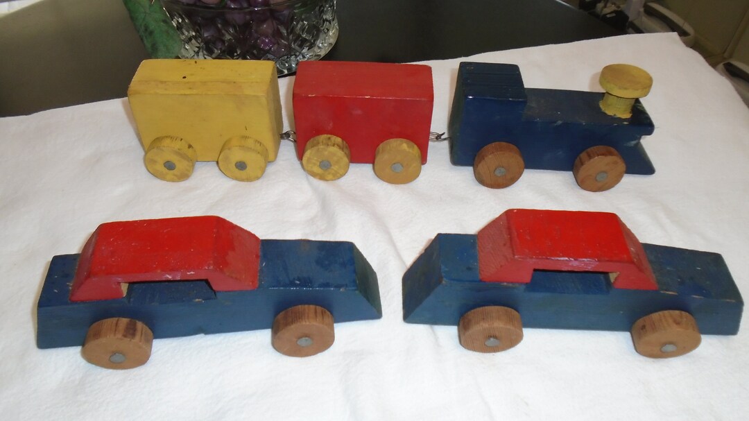Vintage Wood Train & Cars Set Large Hand Made Toy Kids - Etsy