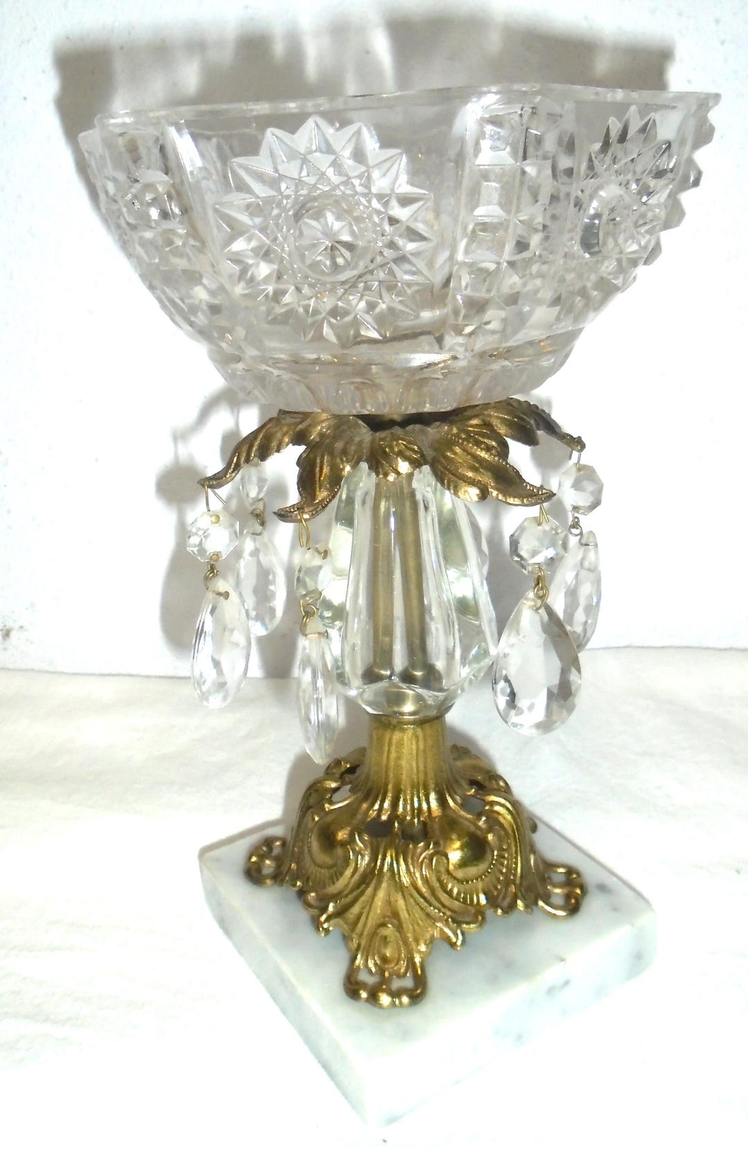 VTG Footed Bowl Marble Base Compote Ornate Brass Prism Cut Lead German ...