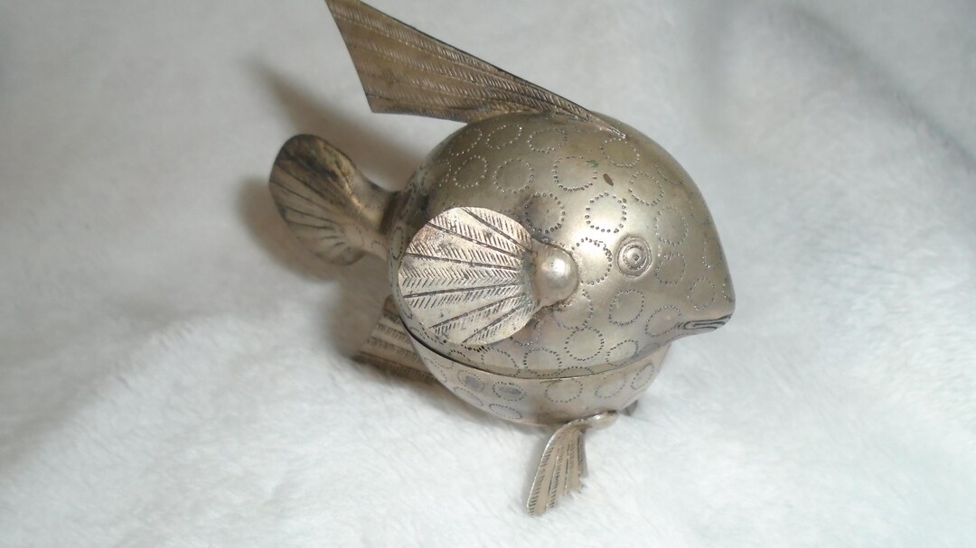 RARE Silver Fish Spice Box Betel Box Nut Box Antique Pufferfish 2pc ...