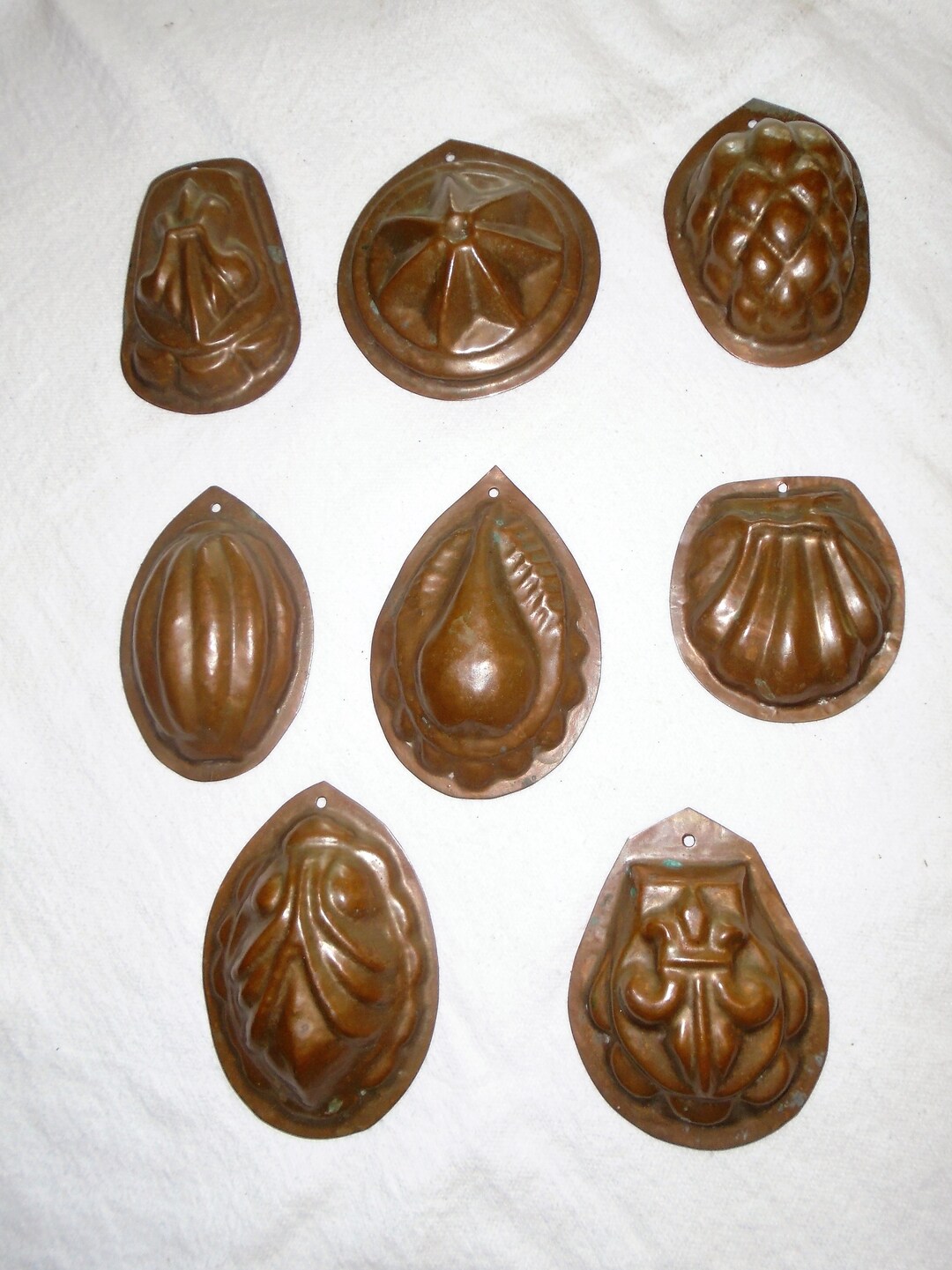 8 Antique Tin-lined Copper Pudding Cake Butter Molds Flue De Lis Clam ...