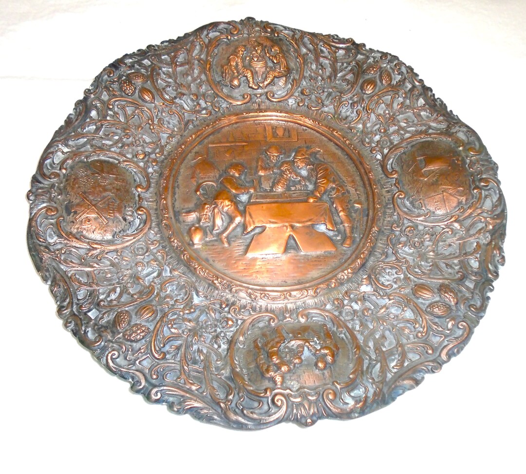 Vintage Pub Scene Repousse Hammered Plate Danish Charger Plaque Wall ...