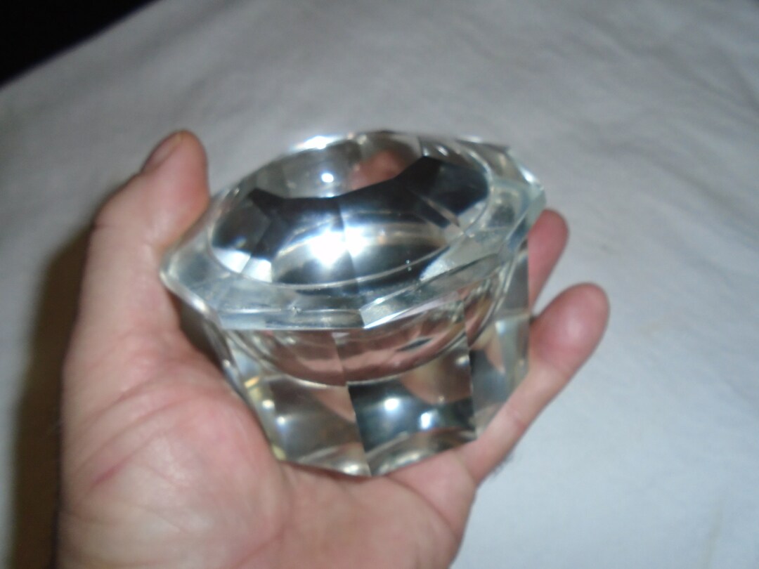 Diamond Shaped Cut Glass Box Clear Round Jewelry Trinket Gift Vintage ...