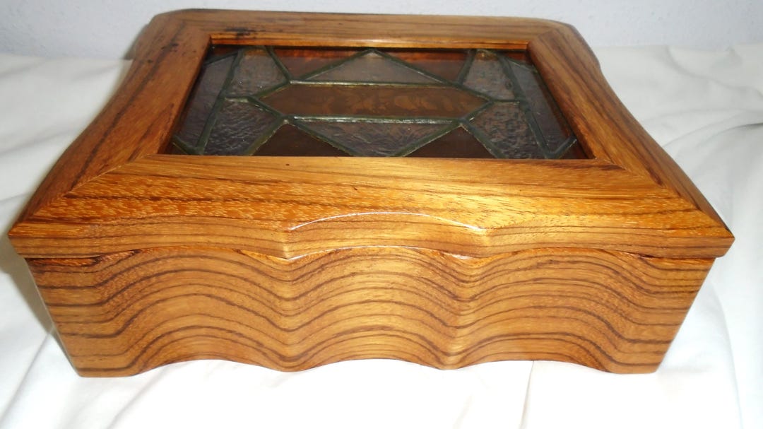 Vintage Oak Stained Glass Large Box Jewelry Curved Lid Signed 1989 ...