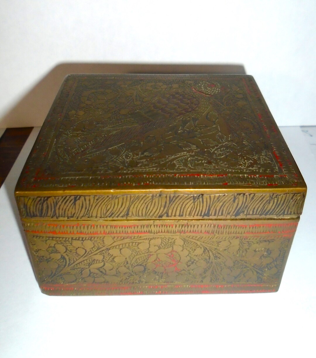 Vintage Brass Box Detailed Etching Ringneck Pheasant Flowers Vines ...