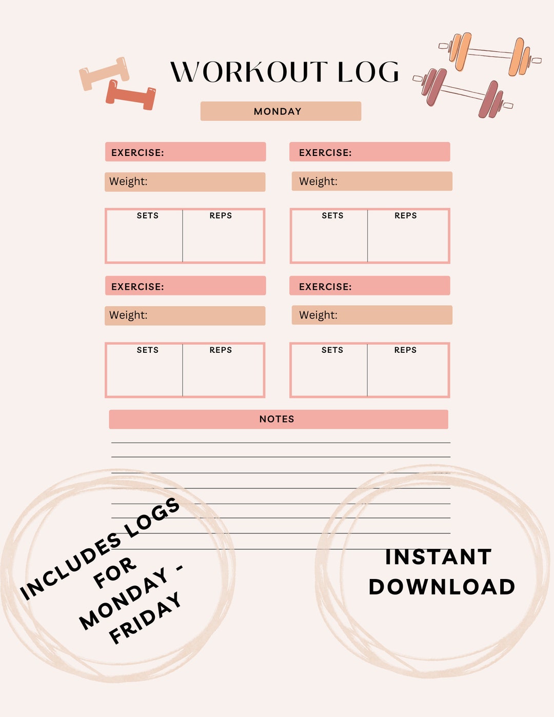 Printable Work Out Log, Excercise Log, Exercise Tracker, Weight Lifting ...