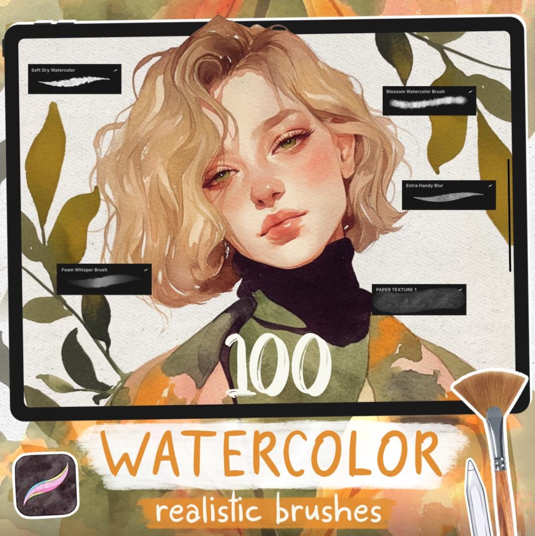 100 Realistic Watercolor Brushes for Procreate. Watercolor Texture ...