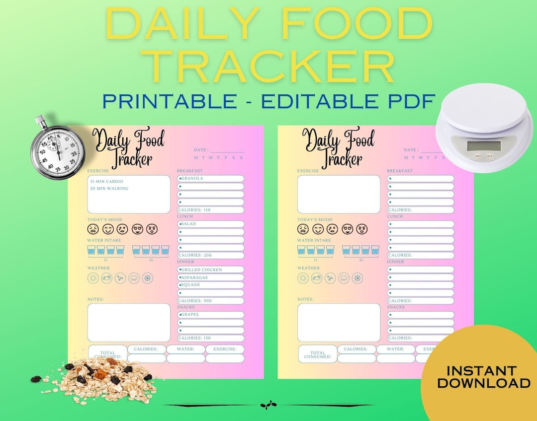 Daily Diet Food Tracker - Daily Food Intake - Editable PDF Food Tracker ...