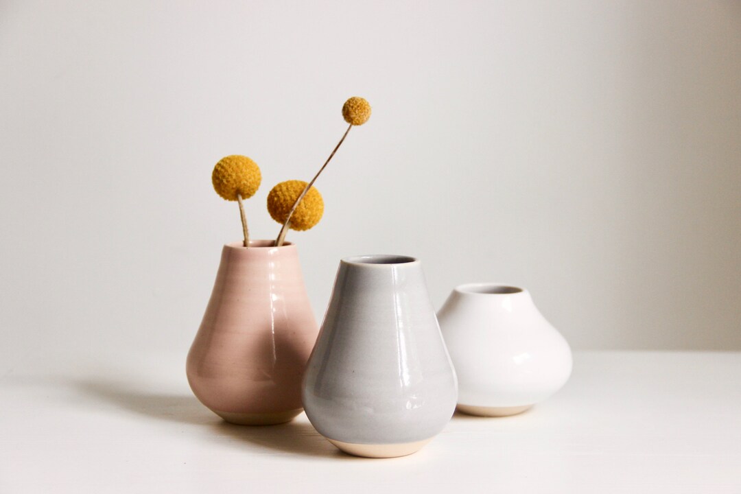 Bud Vase Set Ceramic Bud Vase Set of 3 Pink, Grey, White Handmade Small ...