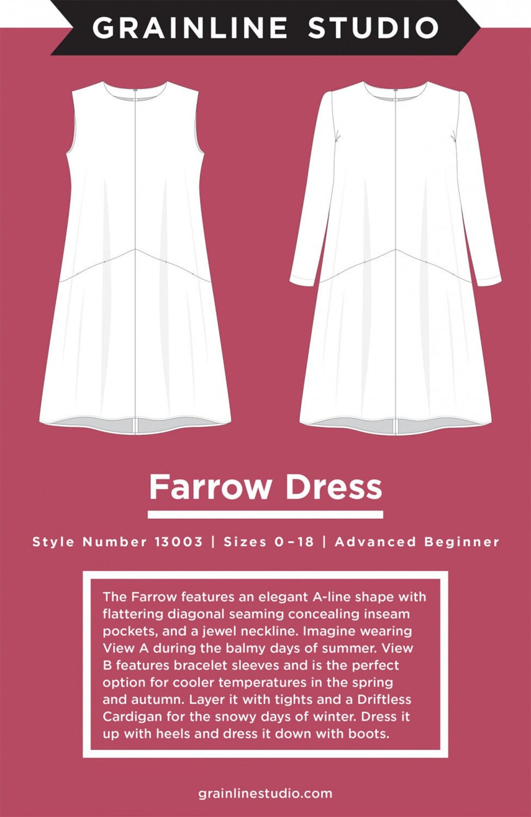Farrow Dress Sewing Pattern Grainline Studio Sizes 0-18 Advanced ...
