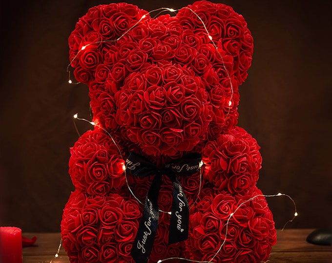 10" Teddy Rose Artificial Rose Bear With Box and Fairy Lights - Etsy