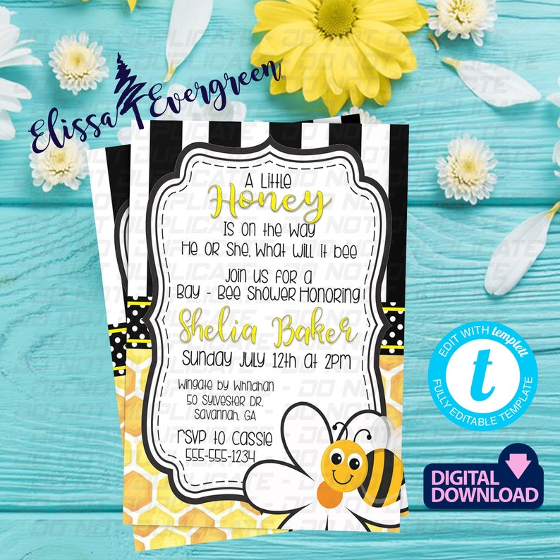 Bee Themed Baby Shower Invitation Template E-vite Template - Etsy