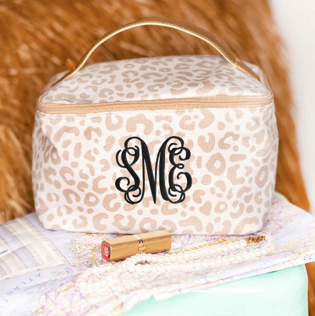 Monogrammed Natural Leopard Cosmetic Bag | Personalized Travel Case ...