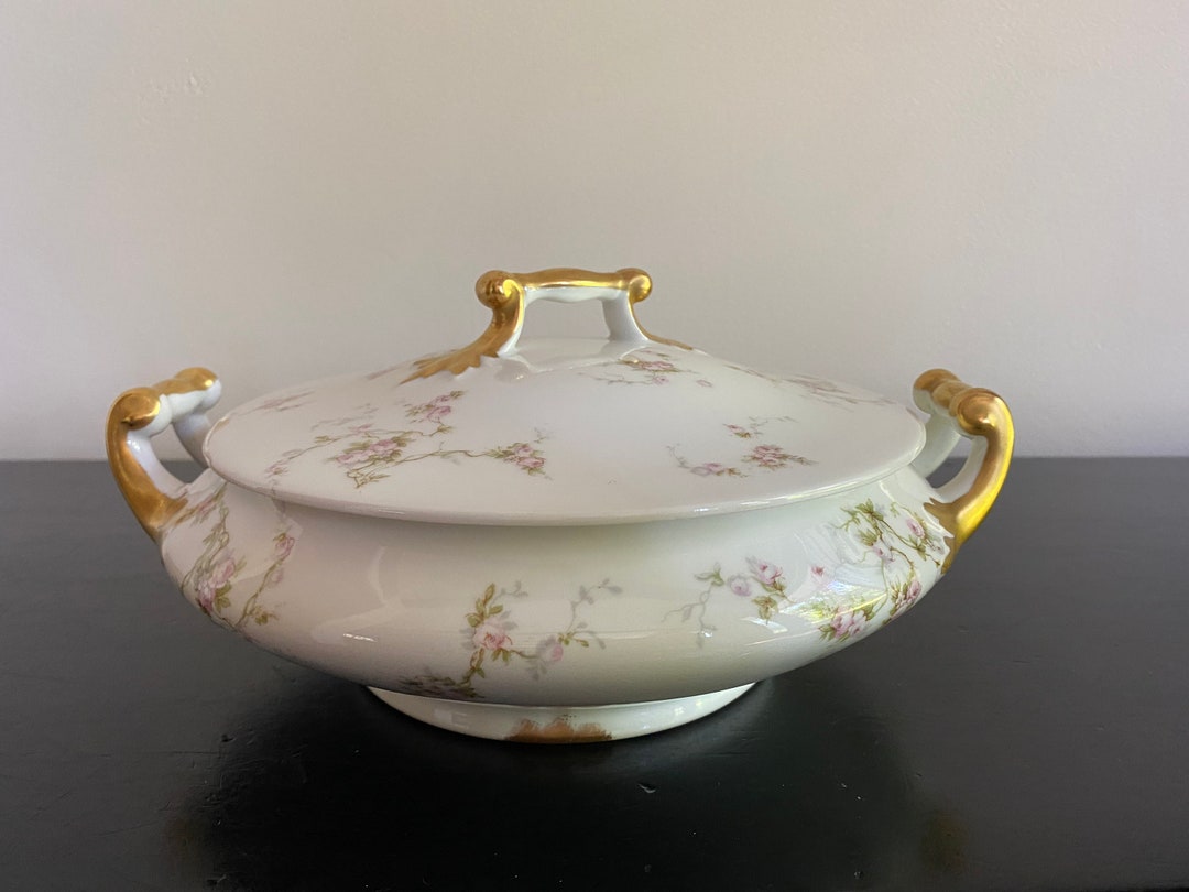 Antique Limoges Round Covered Vegetable Dish With Two Handles and Pink ...