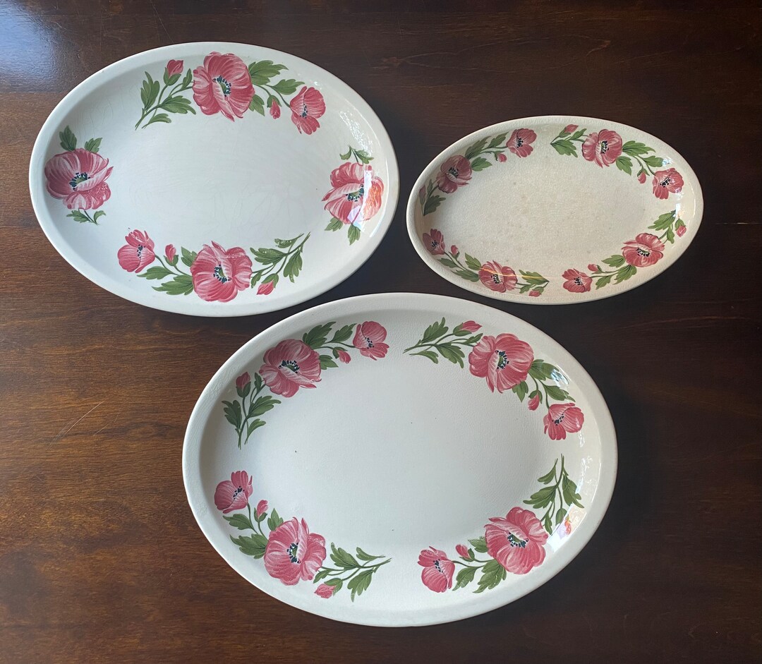 Set of Three Vintage Paden City Pottery Shenandoah Ware Red Poppy Oval ...