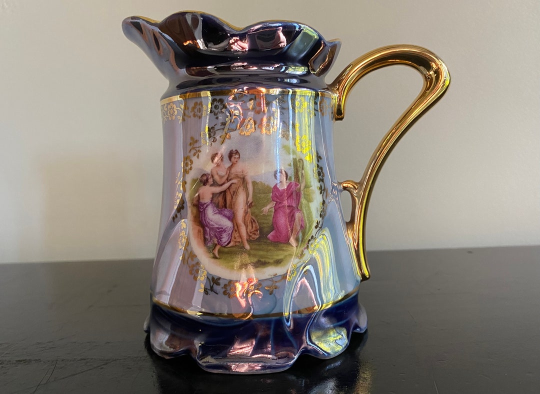 Vintage German Lusterware Creamer or Small Pitcher With Romantic Scene ...