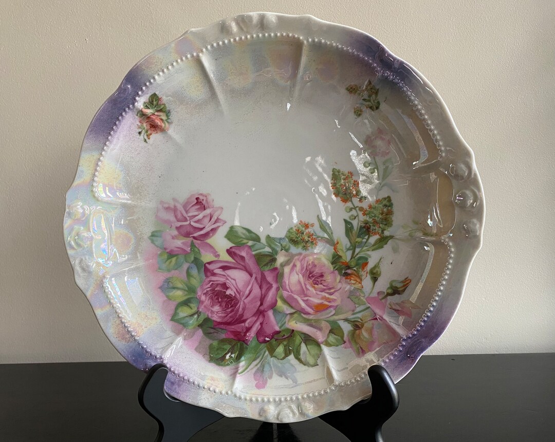 Vintage Lusterware Serving Dish With Pink Rose Motif and Beaded Edge - Etsy